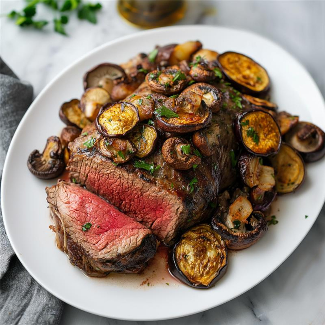 Super Easy Ribeye Roast With Roasted Mushrooms and Eggplant - Just Cook ...