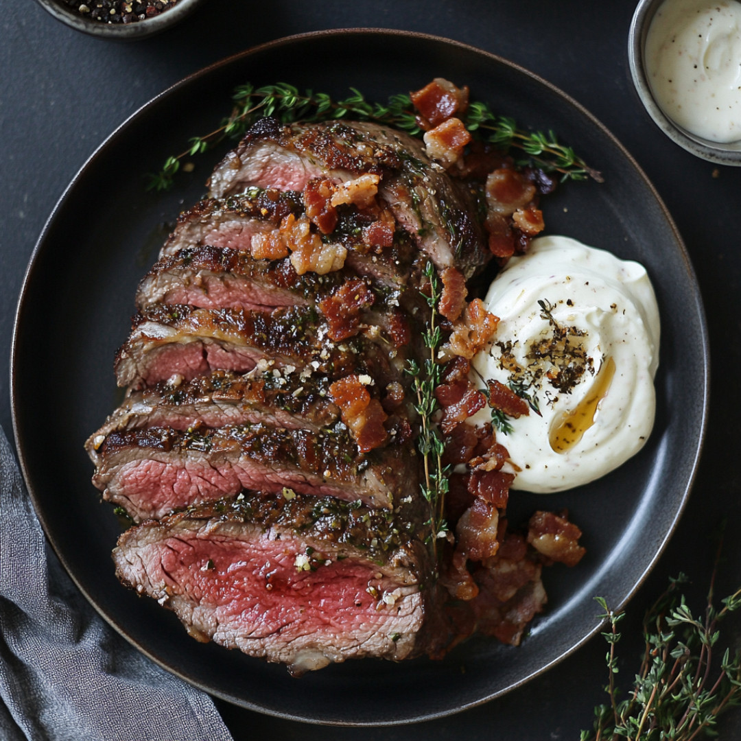 Garlic & Herb Crusted Ribeye Roast with Horseradish Cream and Bacon ...