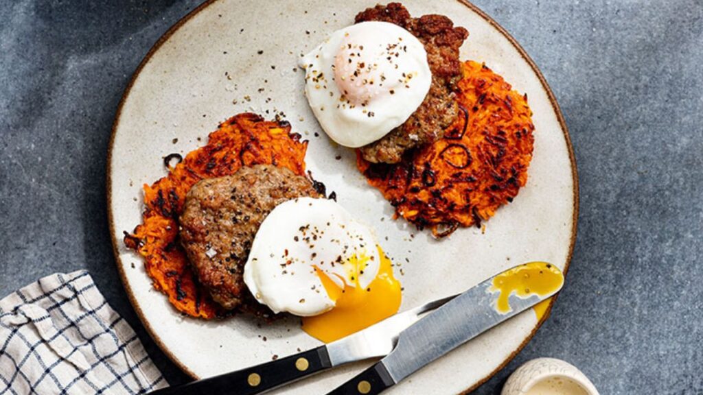 Sausages, Sweet Potato-Shallot Hash Browns and Eggs - Just Cook by ...