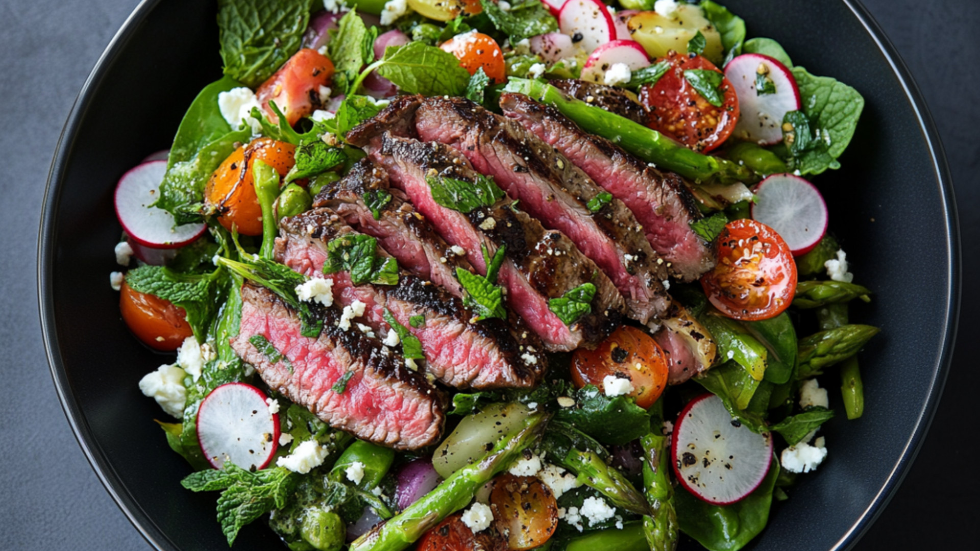 Mediterranean Ribeye Steak Salad with Hummus and Spring Vegetables ...